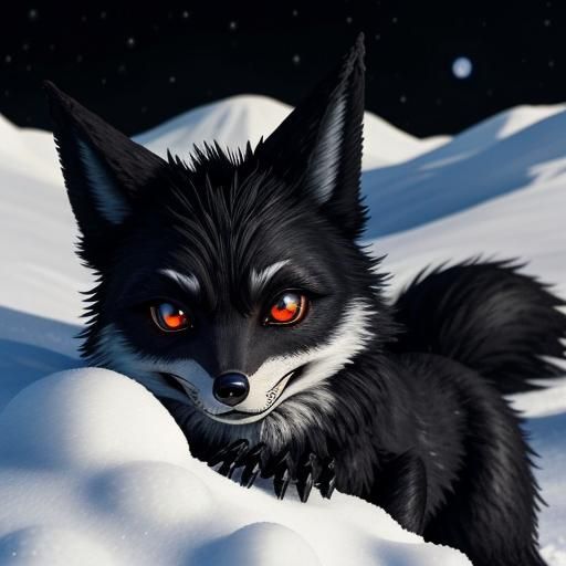 An undead cute adorable black-fox with glowing eyes, in a frozen winter ...