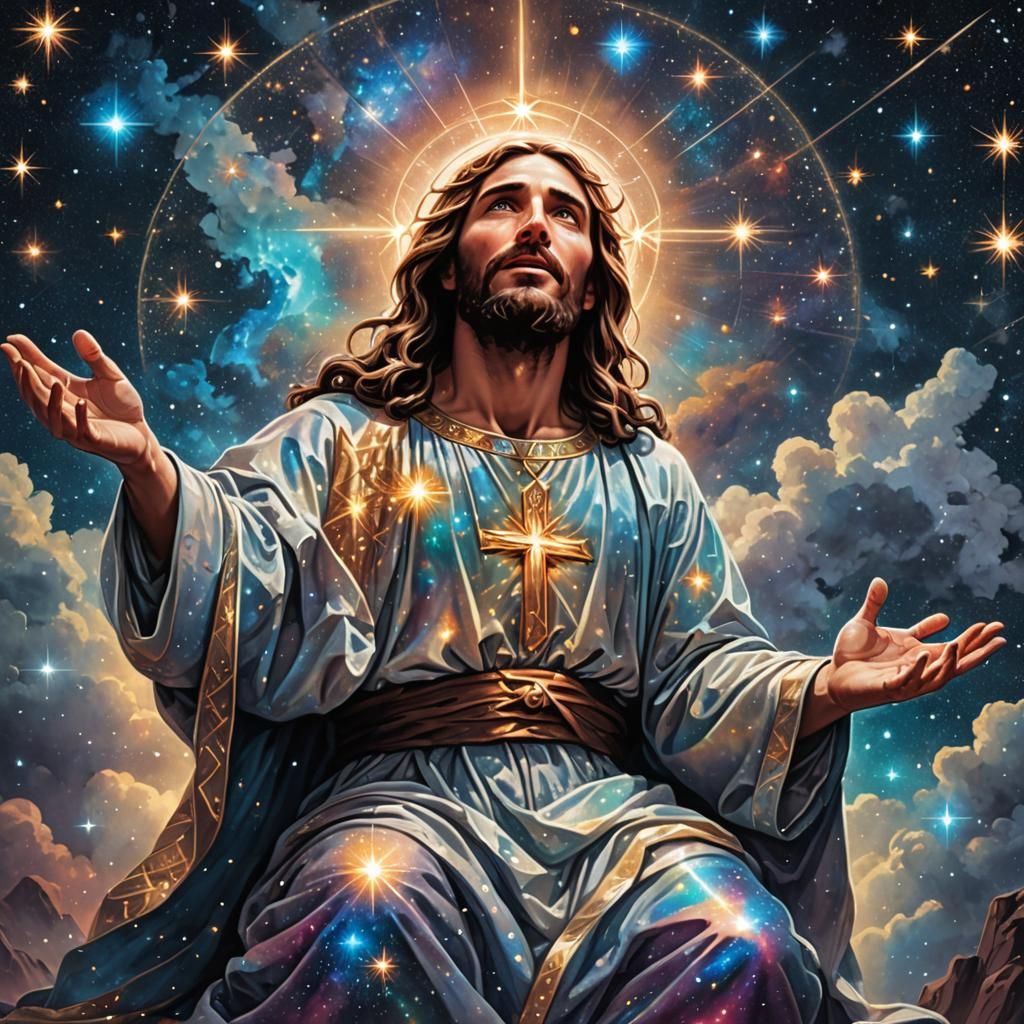 Jesus Christ looking up at the sky full of stars - AI Generated Artwork ...