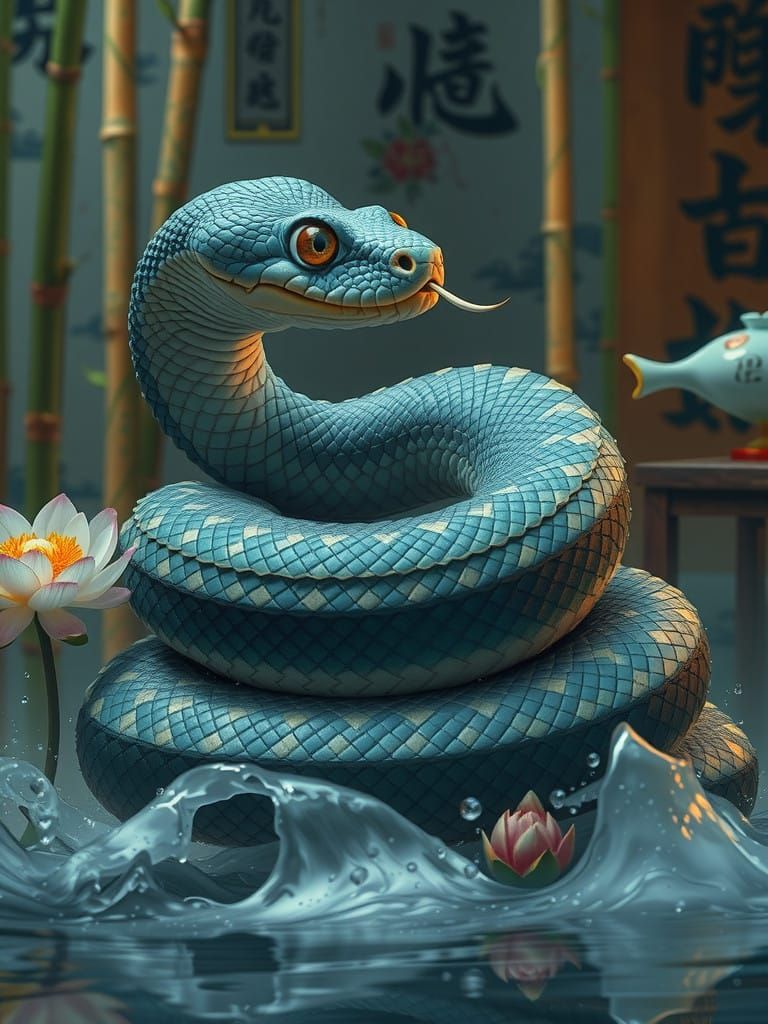 A graceful water snake coiling around a Chinese scholar’s scroll, its ...