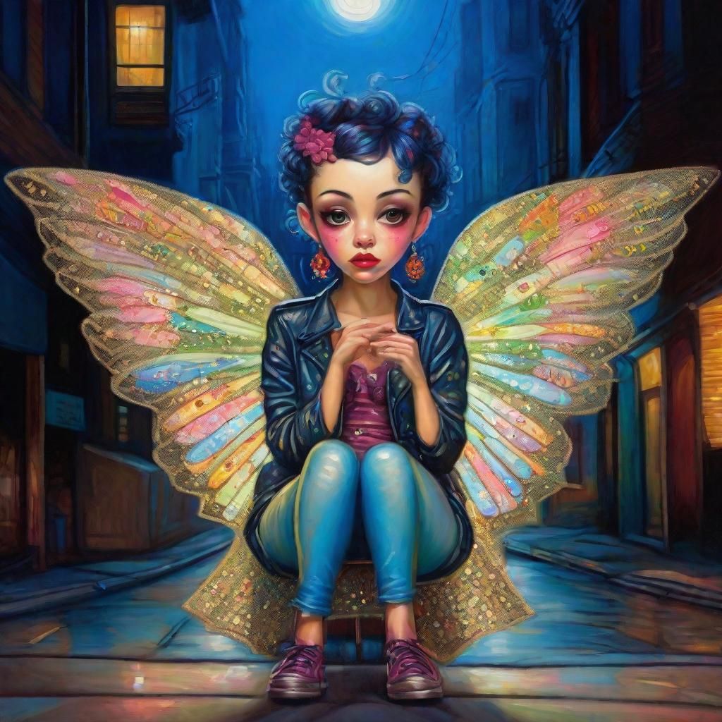 Glossy oil painting depicting a fantastical scene. A full length seated ...