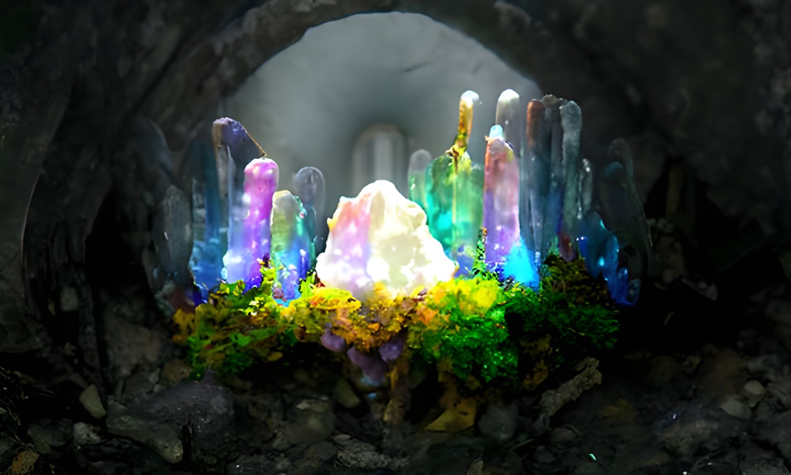 Rainbow crystal geodes growing as a stalagmite in a luscious cavern ...