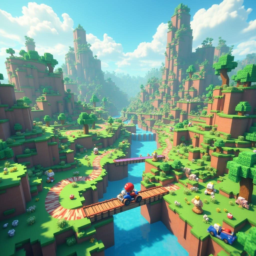 Blocky Mario Kart Racing Circuit in Vibrant Minecr... - AI Art