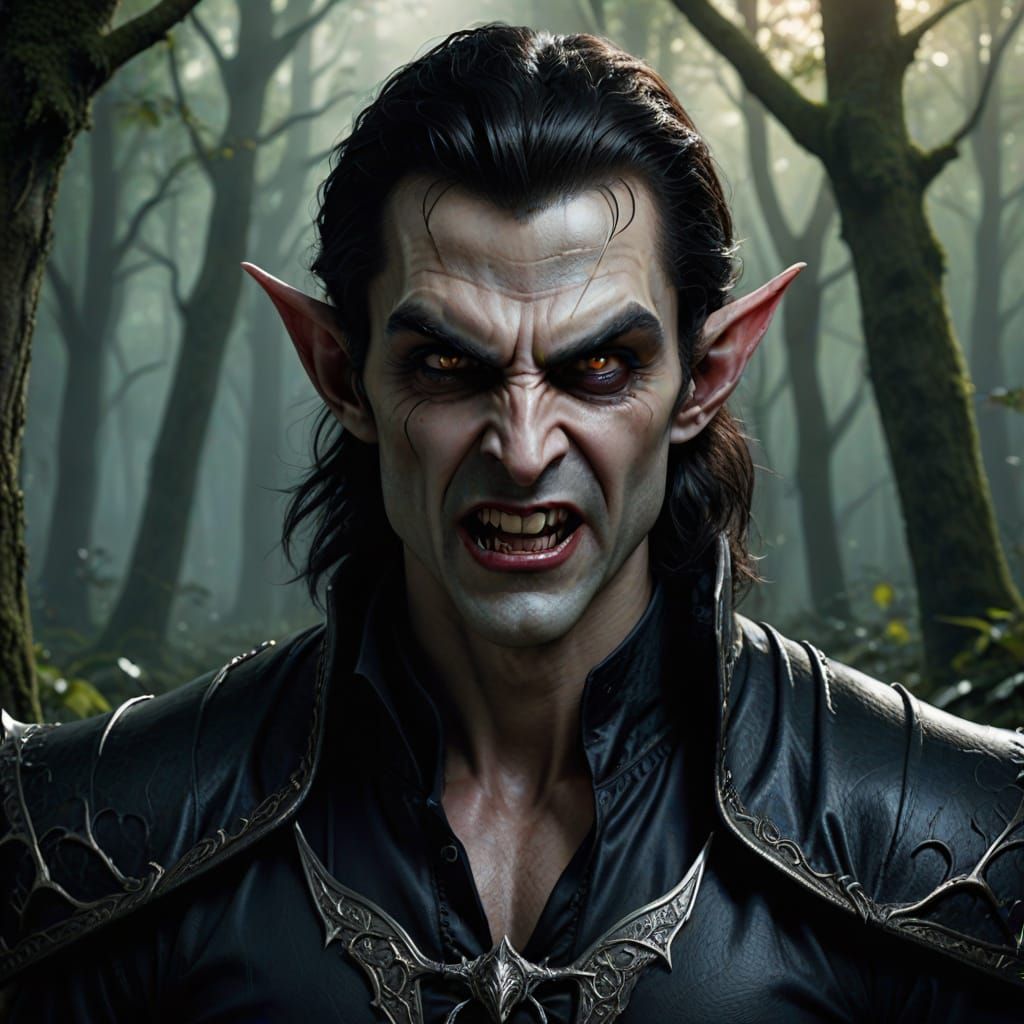 Ethereal Vampire Elf in Fierce, Enchanted Forest - AI Art