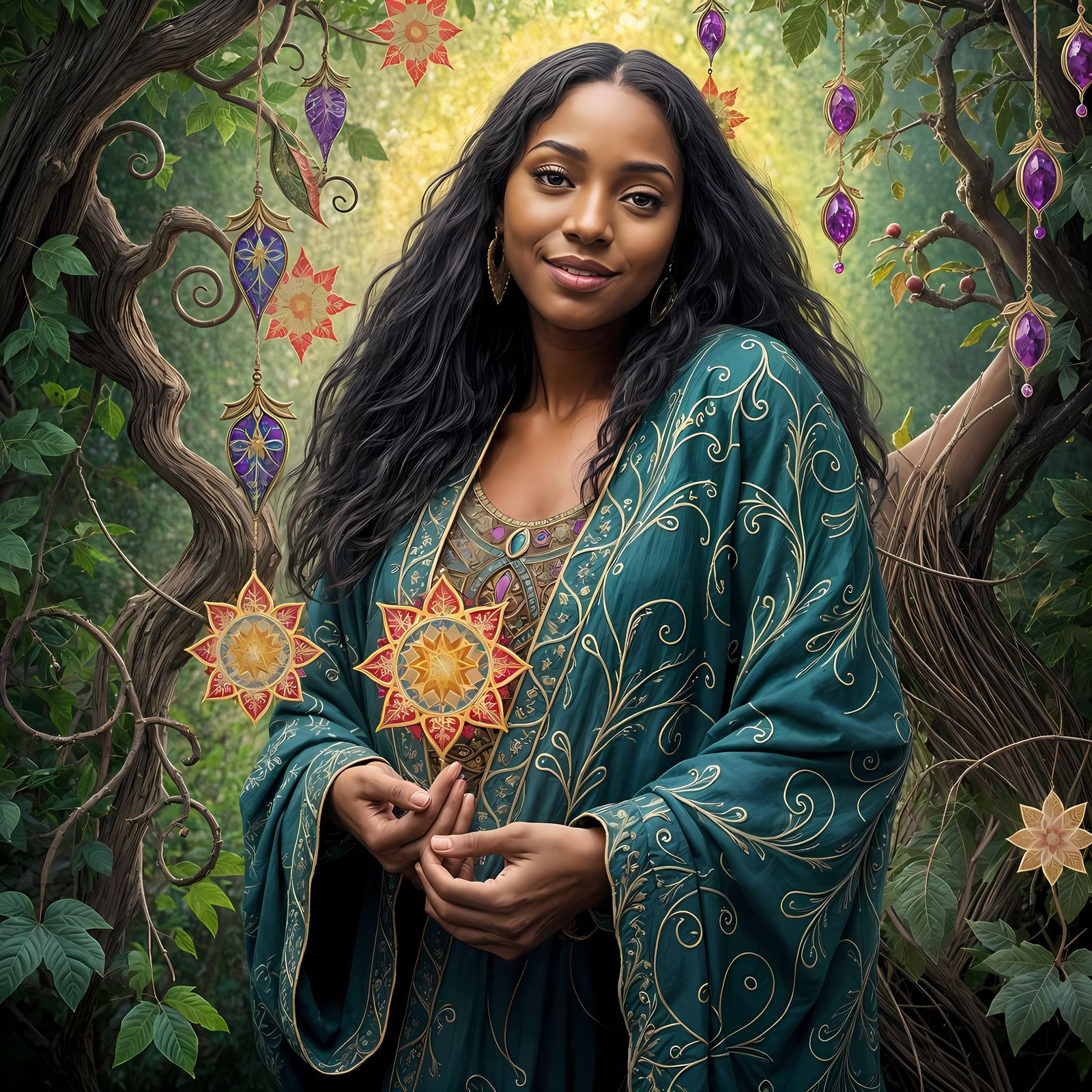 Divine Tree of Life with Jewel Toned Leaves and Fr... - AI Art