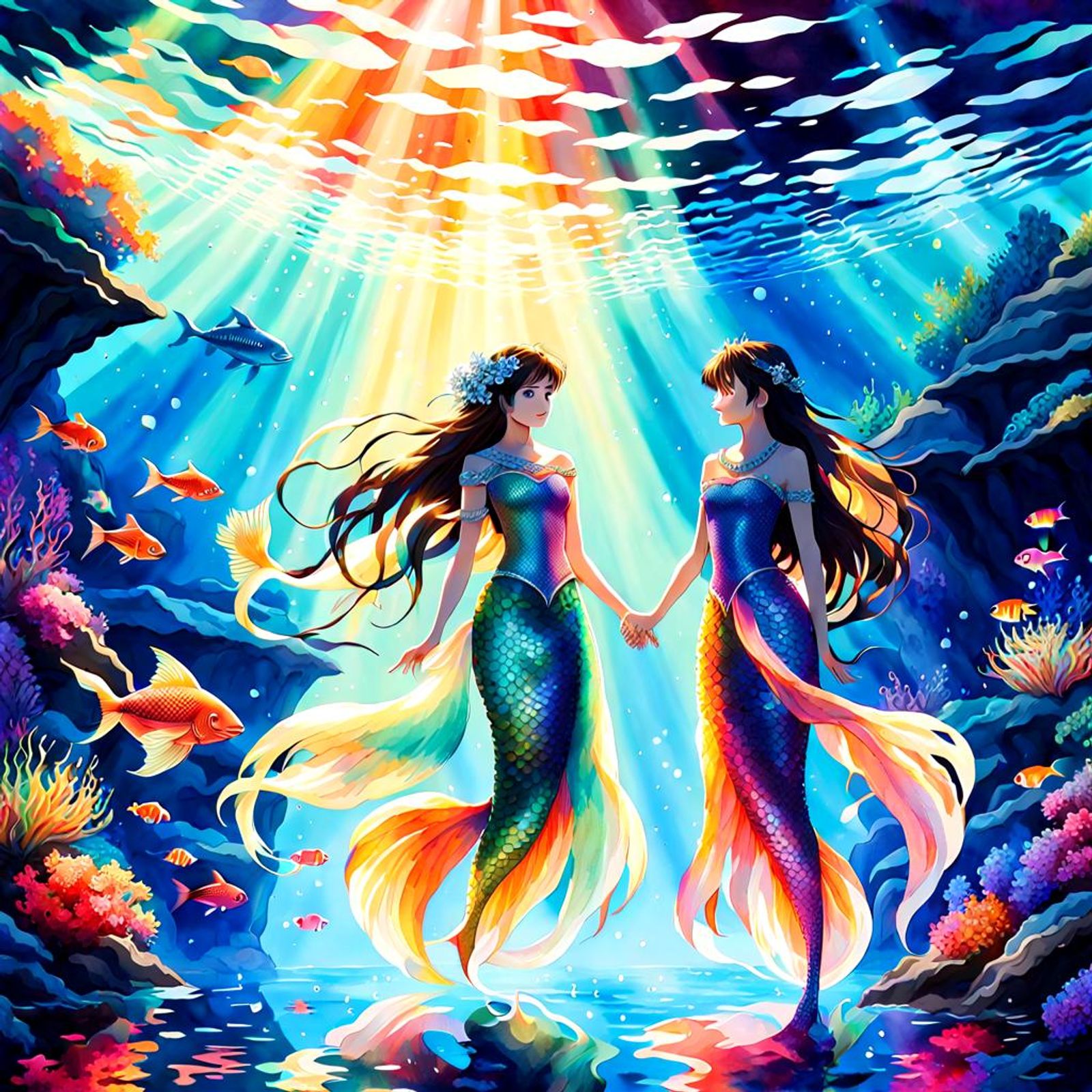 (magical matte watercolor artwork of a two beautiful mermaids in love ...