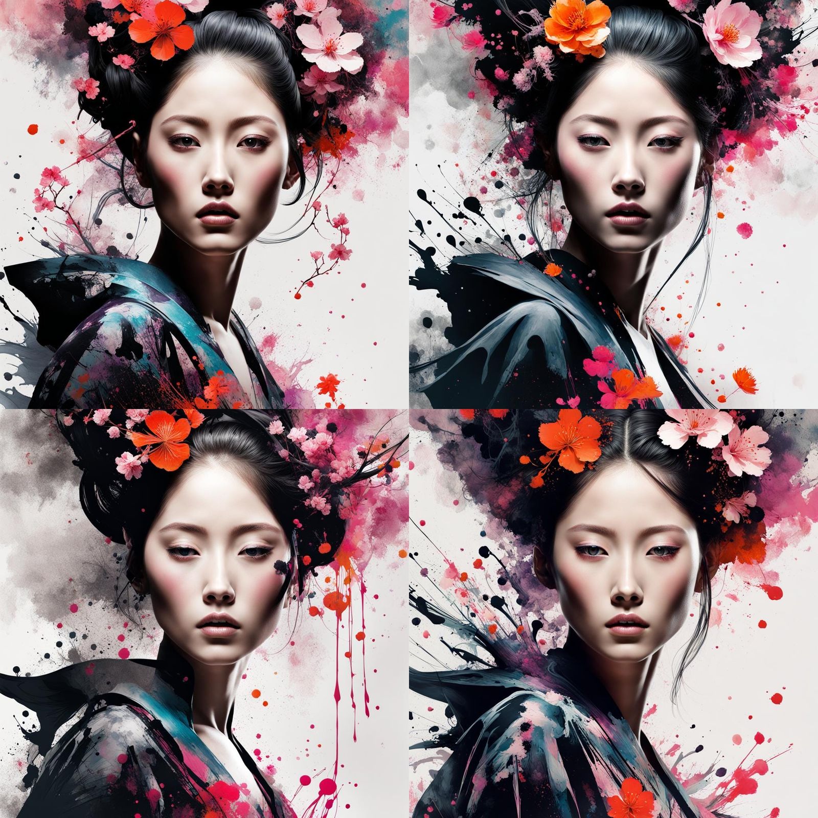 Japanese blossom Ink Splatter Digital ink drop splash fantasy portrait ...