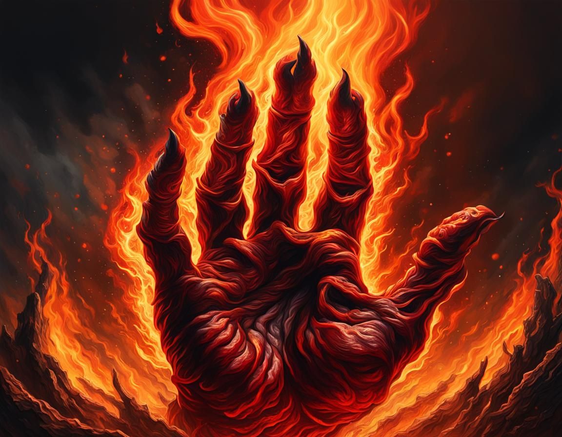The devil's hands, grasping heaven pulling it downwards into a burning ...