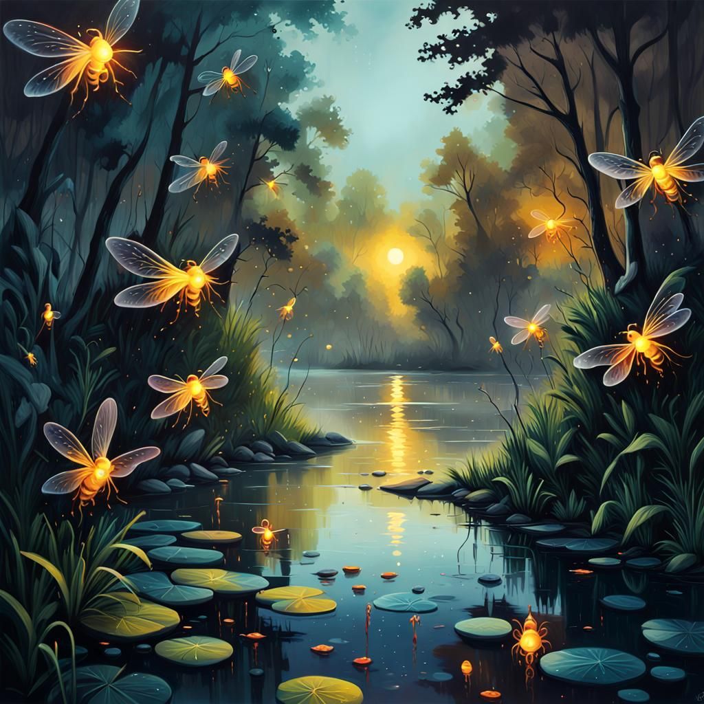 Beautiful misty lake with fireflies landscape nighttime graffiti art, street art, , oil gouache ...