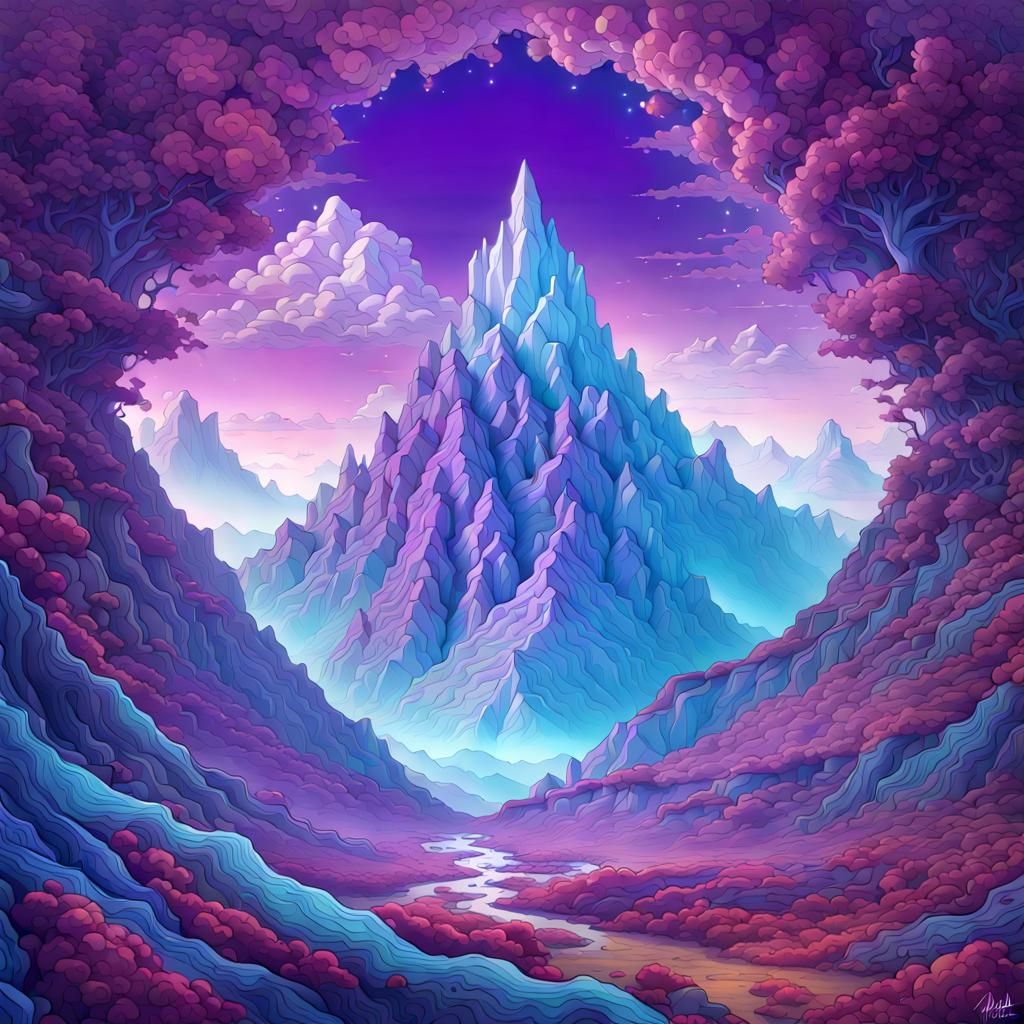 a purple and blue painting with a mountain in the background, mind ...