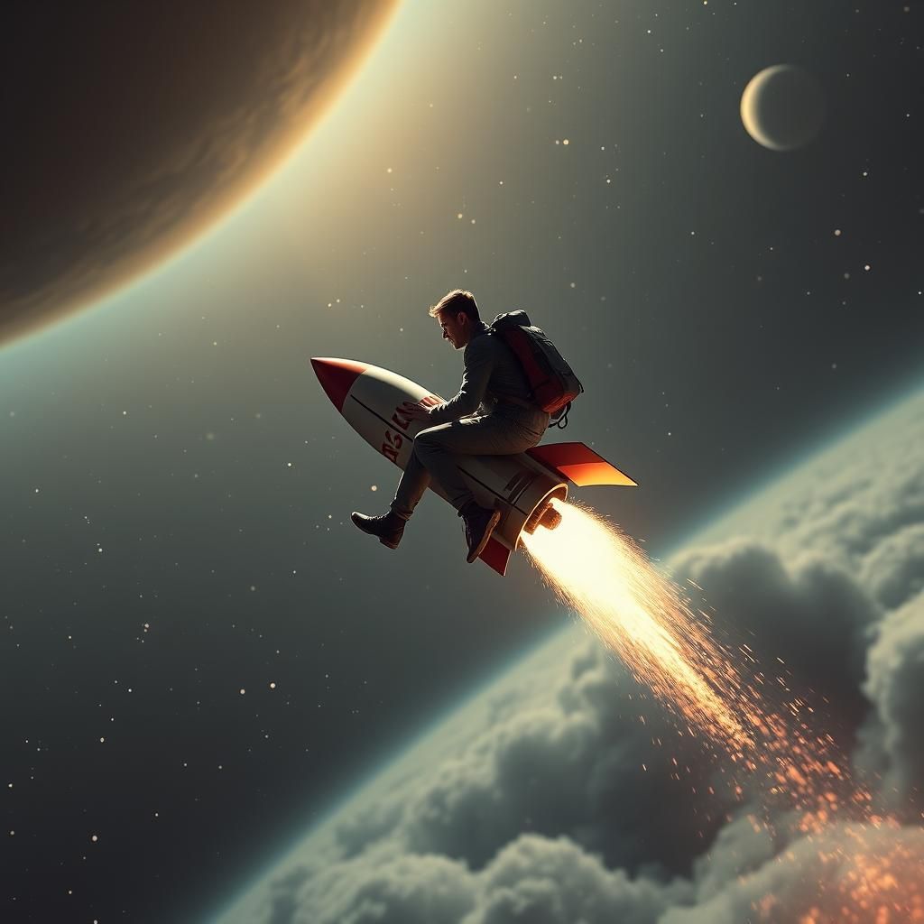 Man on a rocket flying through space