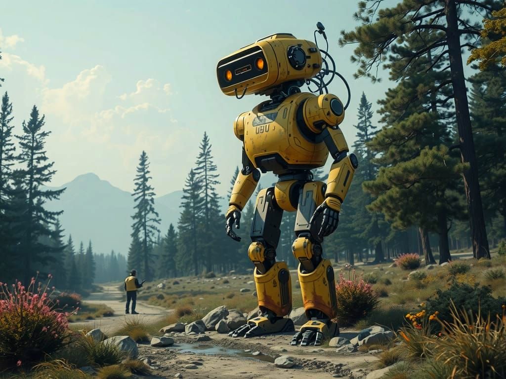 Robot in the woods with man - Robot Encounters a Human in a...