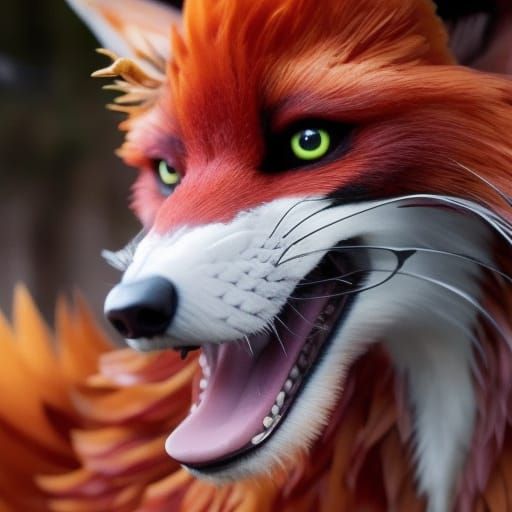 shot of a serious realistic red nine-tailed fox, mythical creature ...