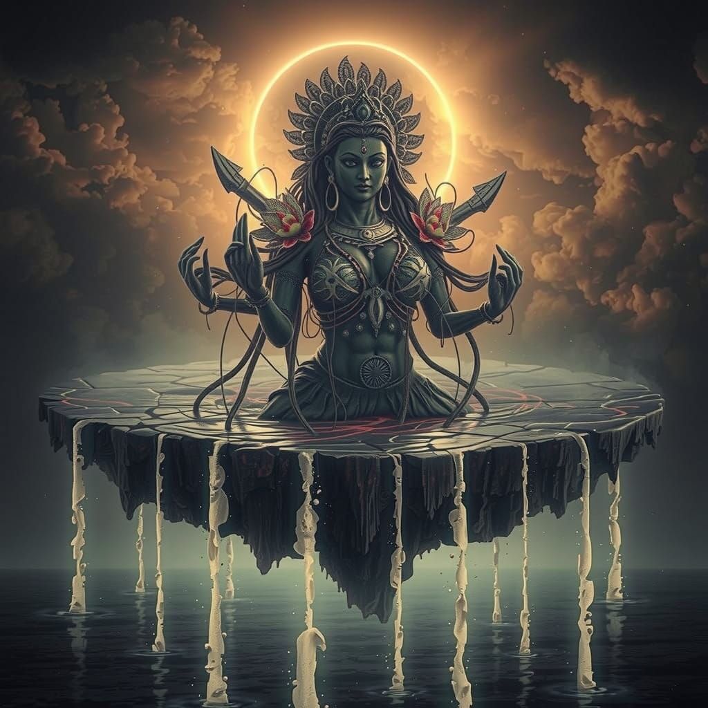 A biomechanical HINDU GODDESS KALI blooming from the cracked surface of ...