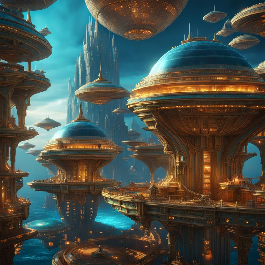 Atlantis Opal Spaceships. Atlantean seacoast floating city with Flying ...