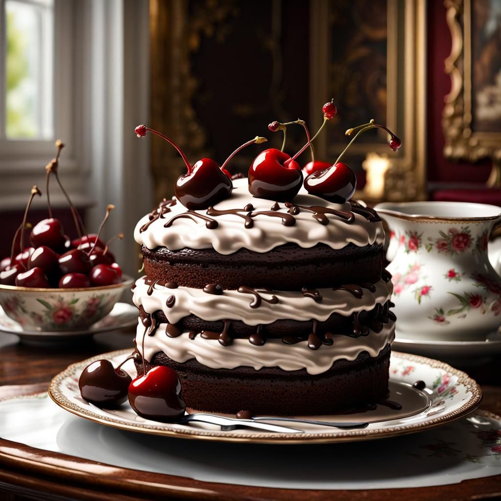 A chocolate cake with lots of chantilly cream and cherries to accompany ...