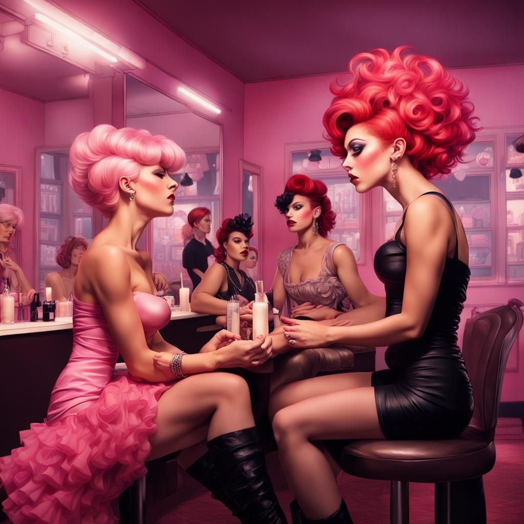 a young pink-haired drag queen with a pixie hair style wearing a short black bodycon dress and ...