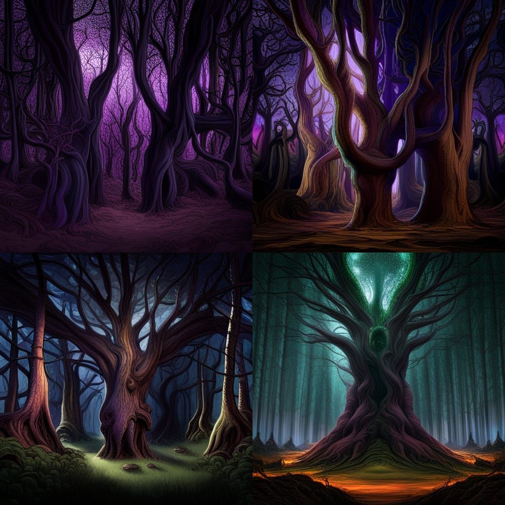 forest with tall trees, with twisted branches, and face in the trunk ...