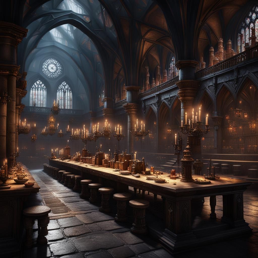 Spacious Gothic drinking hall with food and a few people. Warhammer 40k ...