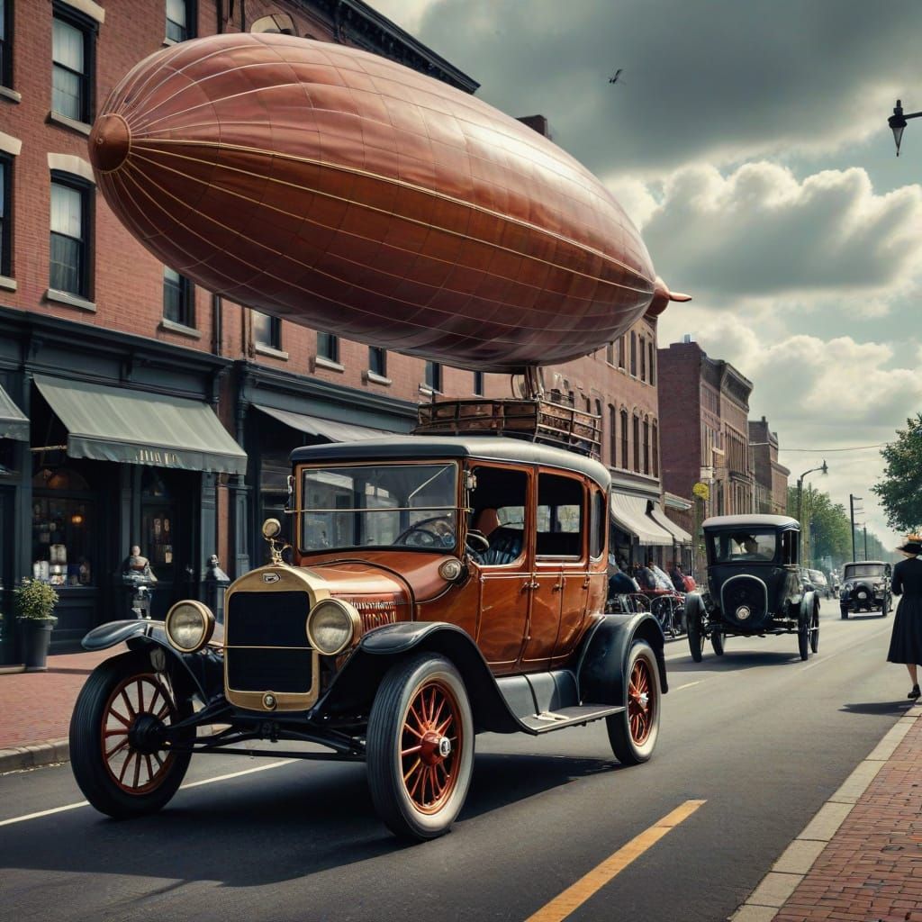 Blimps Over Vintage Cityscape in Cyberpunk Style - AI Art