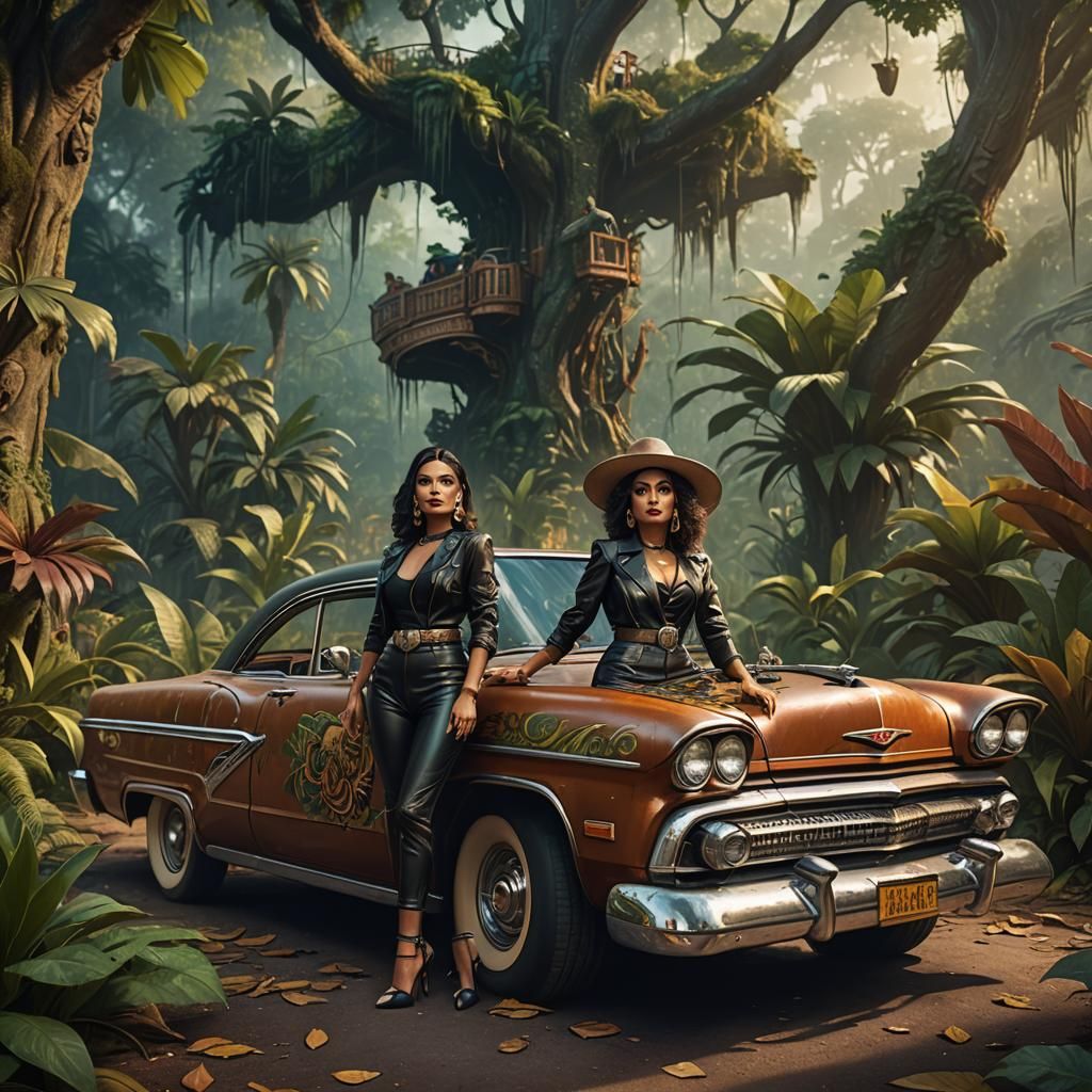 Women in South American jungle and vintage lowrider car - AI Generated ...