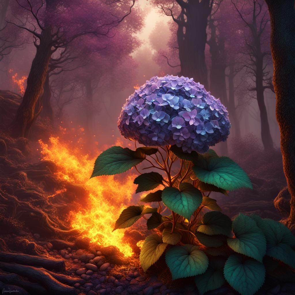 a hydrangea bush in a burning forest - AI Generated Artwork - NightCafe ...