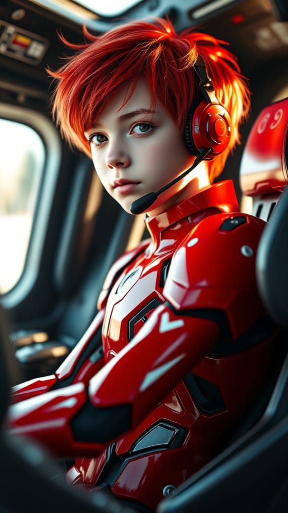 Evangelion, boy wearing Asuka's female red plug suit, headset interface ...