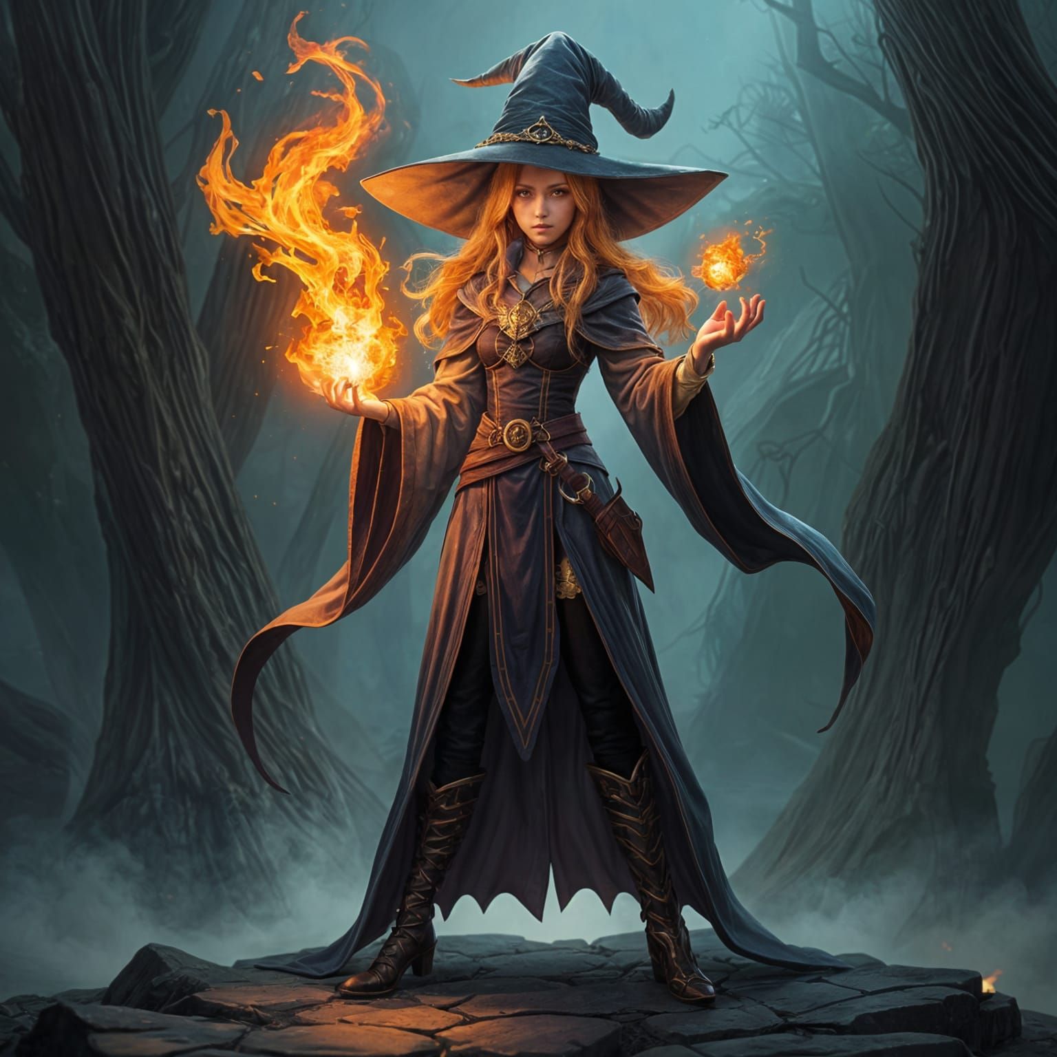 Mystical Female Wizard Conjuring Fireball - AI Art