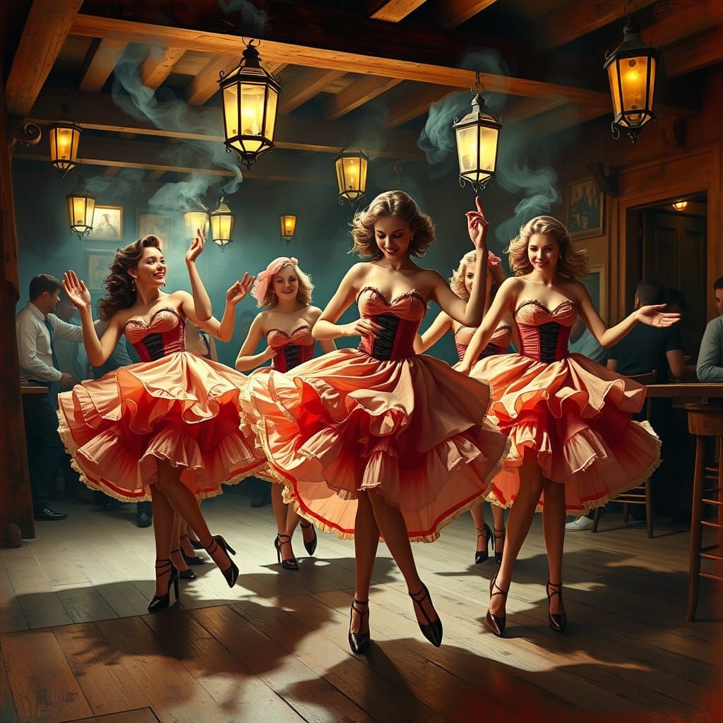 Girls Dancing the CanCan in a 19th-Century Saloon - AI Art