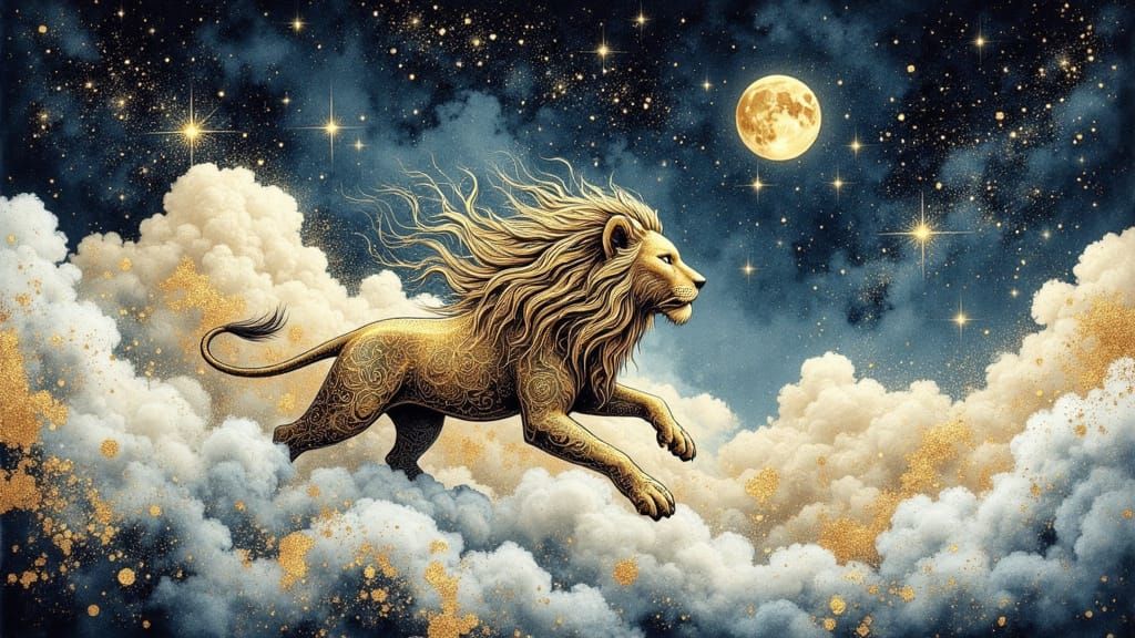 Ethereal Lion Soars Through Celestial Realms - AI Art