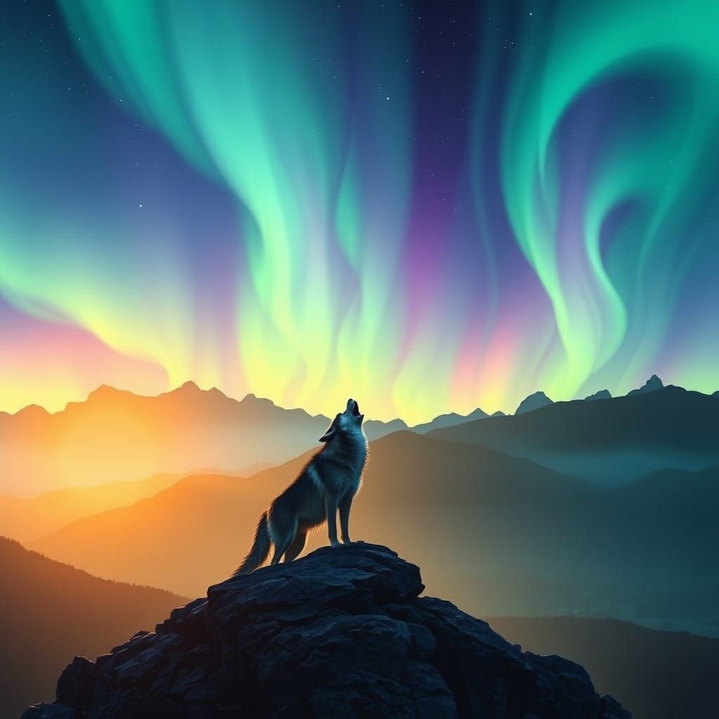 Wolf howling at the northern lights