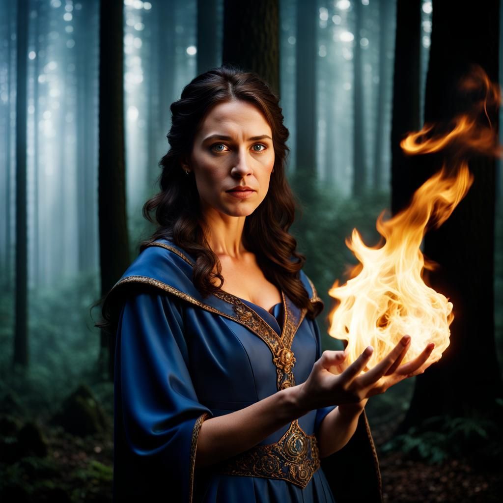 female wizard, brown hair, blue gown, fireball in hand, forest ...