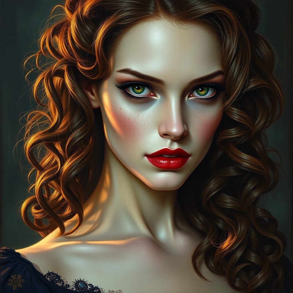 Ethereal Vampire Queen in Traditional Oil Painting... - AI Art