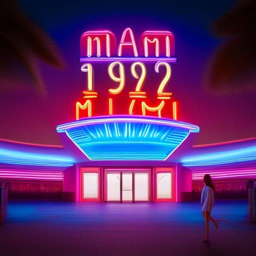 Wide angle photo of a glowing neon sign that says "Miami 1 9 9 2 ...