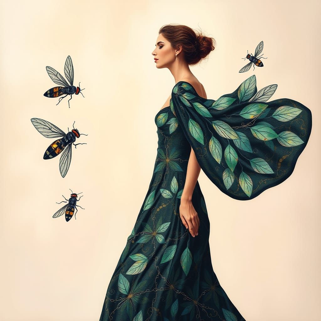 Woman in Iridescent Fly Patterned Dress - AI Art