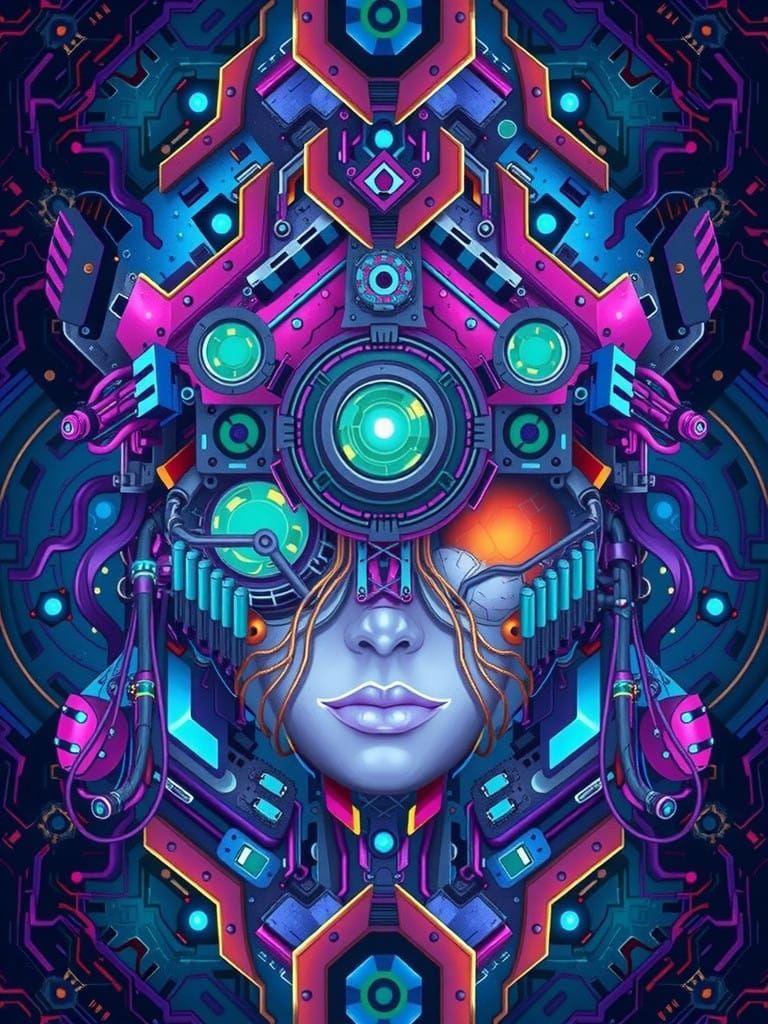 An advanced cyborg face in the centre with technology background ...