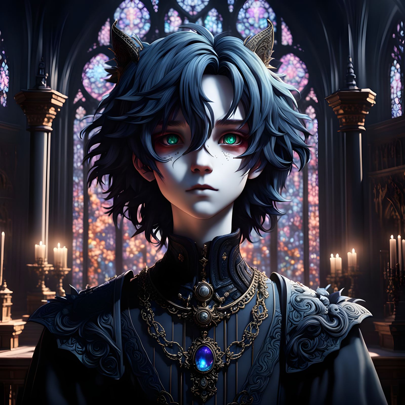 Gothic Catboy in Ethereal Dark Academia Setting - AI Art