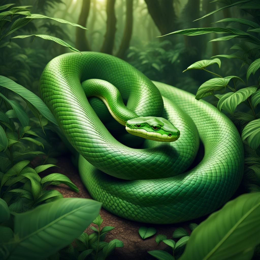 A large green snake in a verdant jungle, 64k resolution, a masterpiece ...