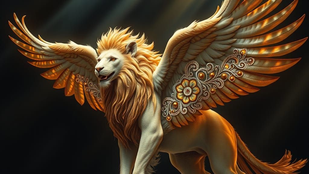 Regal Angelic Creature in Golden and Silver Feathe... - AI Art