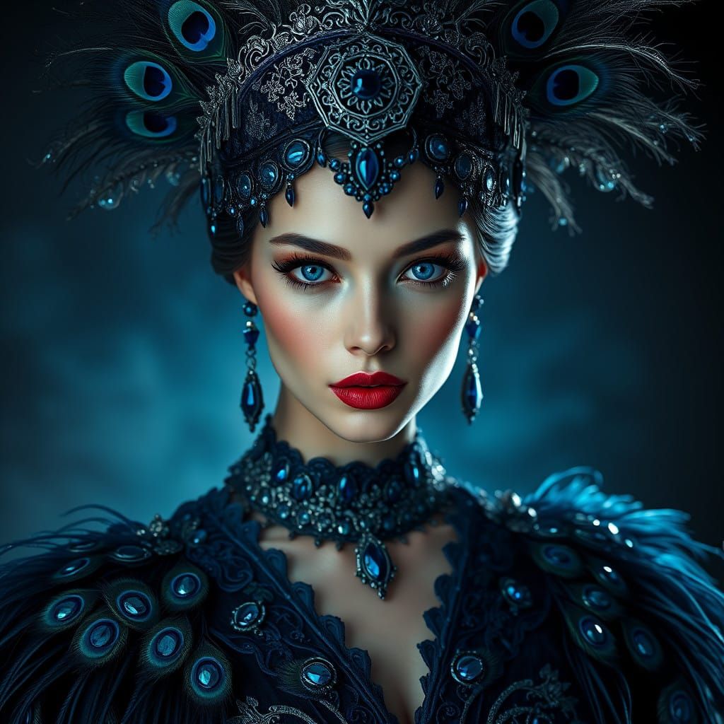Peacock Woman - Ethereal Peacock Queen in Midnight Splendor