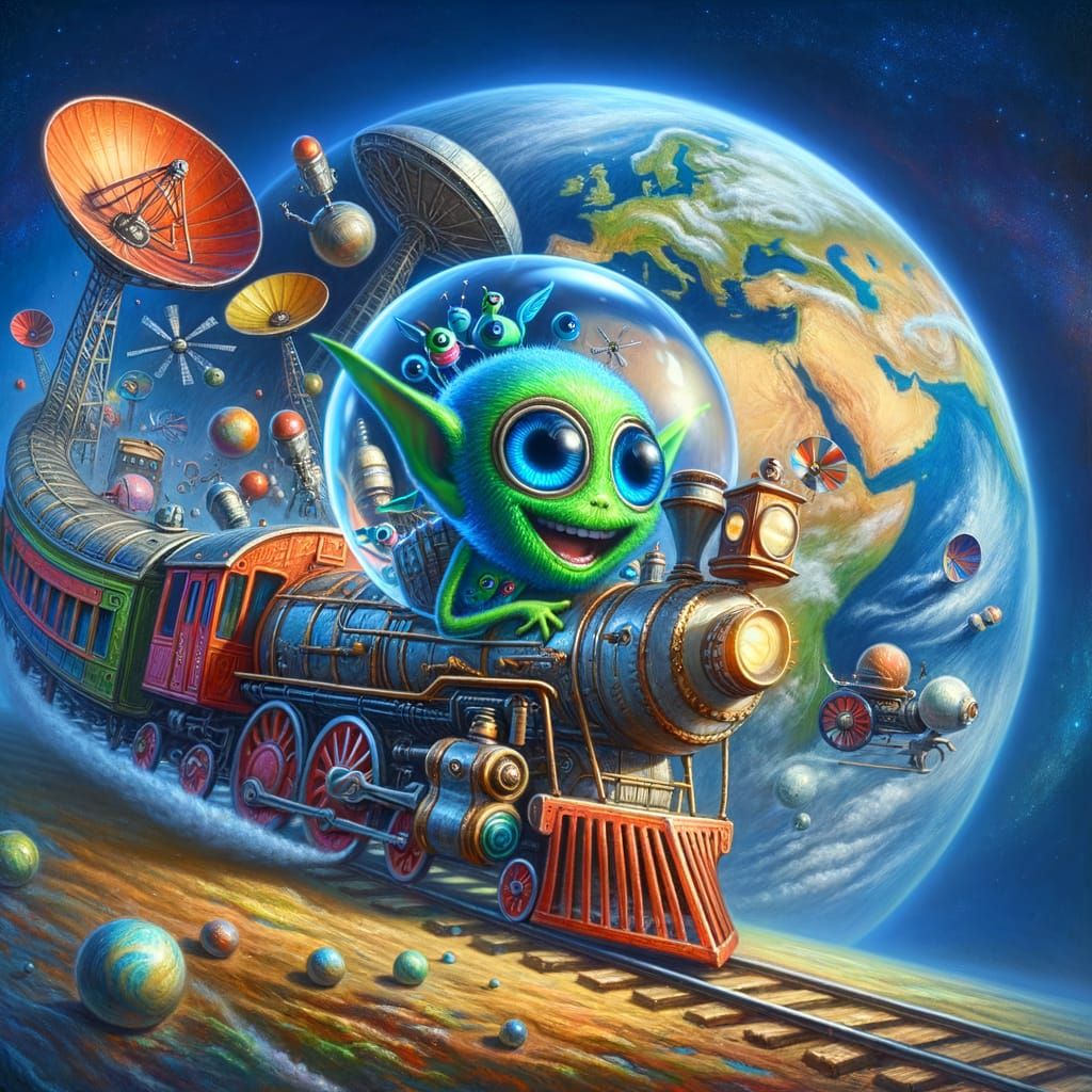 Train of satellites around Earth - Whimsical Steam-Powered T...