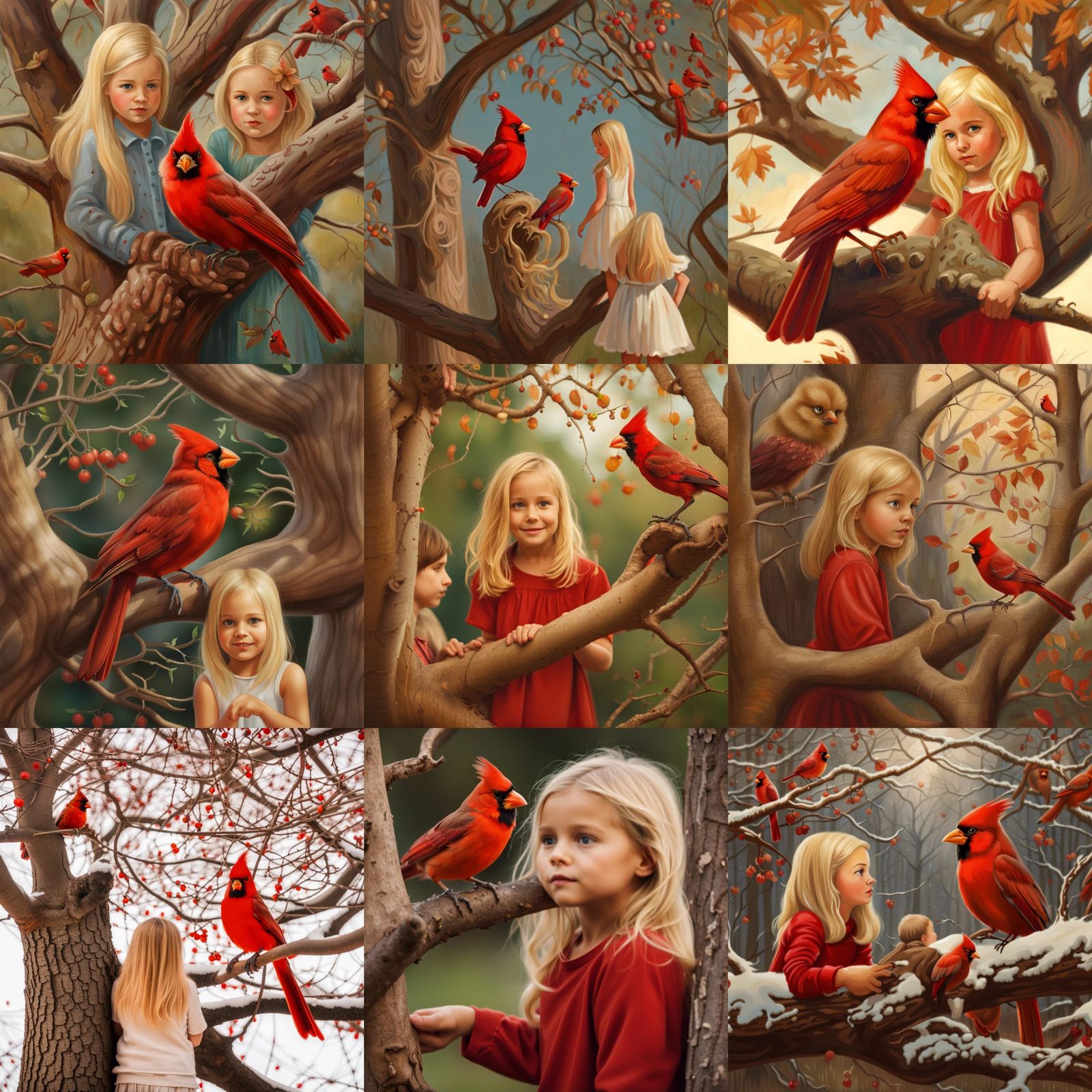 Cardinal in a tree overlooking a blonde girl and her little brother ...