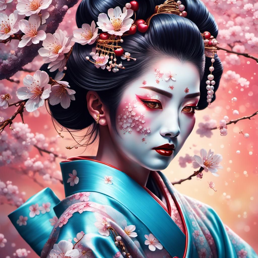 Dancing Geisha with a pearlescent, dreamy, glittering, cherry blossom ...