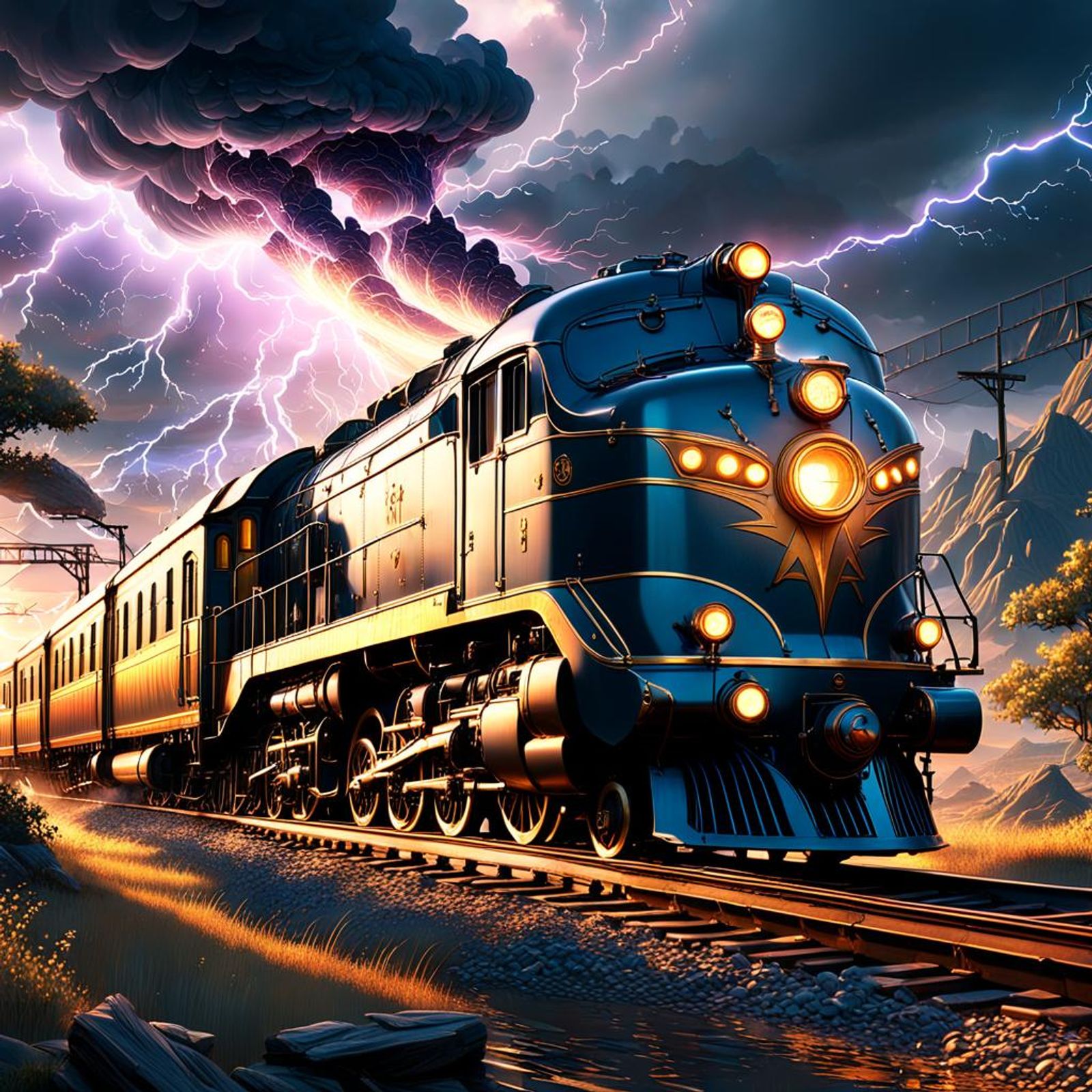Lightning train in golden hour - AI Generated Artwork - NightCafe Creator