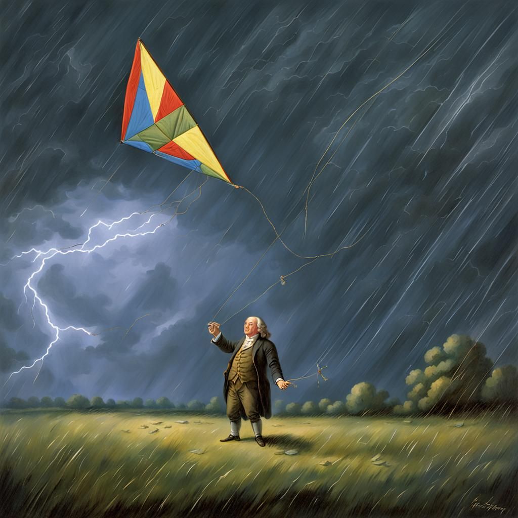 Benjamin Franklin flying his kite during a thunderstorm - AI Generated ...