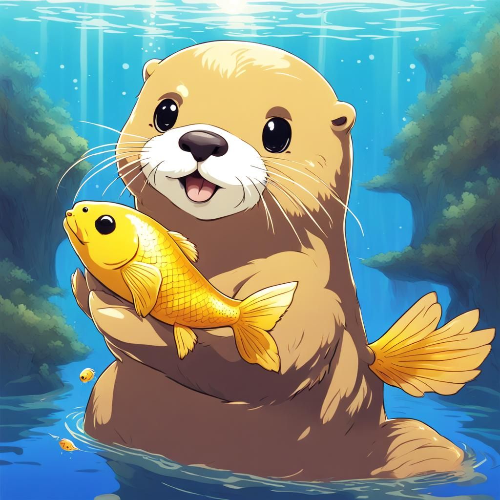 A golden shiny sea otter holding a golden fish - AI Generated Artwork ...