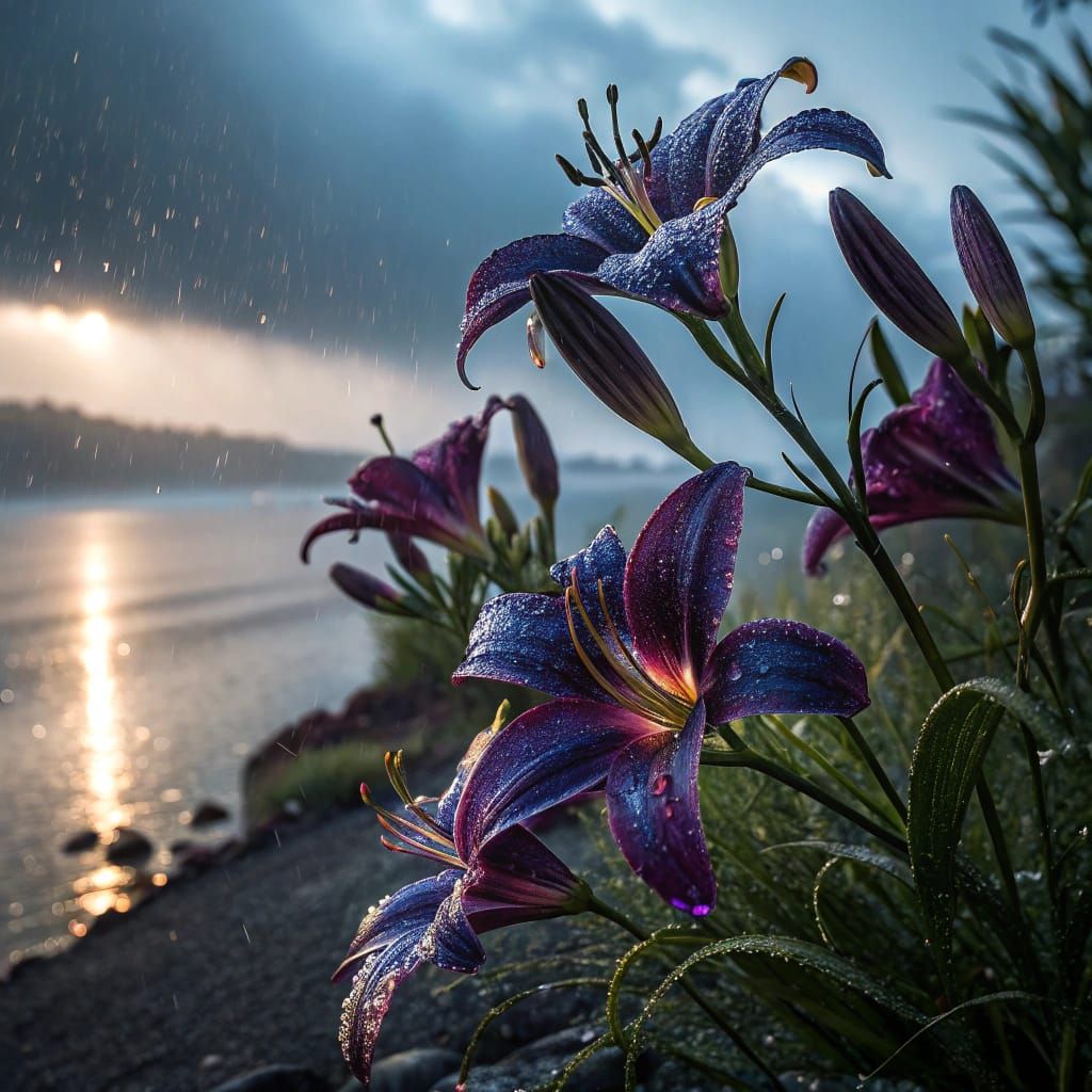 A close-up photograph of vibrant Forever Susan Lilies with dark purple ...