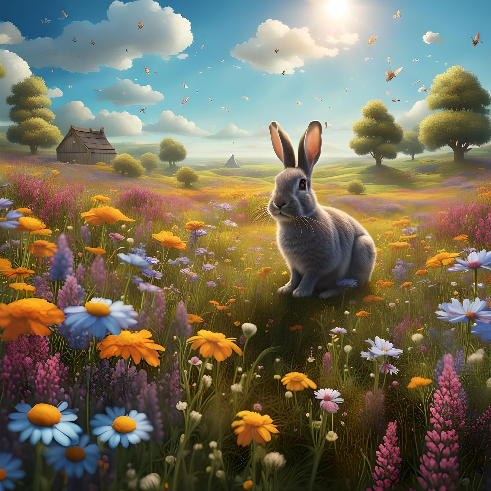 Serene Solitude: Rabbit Resting in Wildflower Meadow - AI Generated Artwork - NightCafe Creator