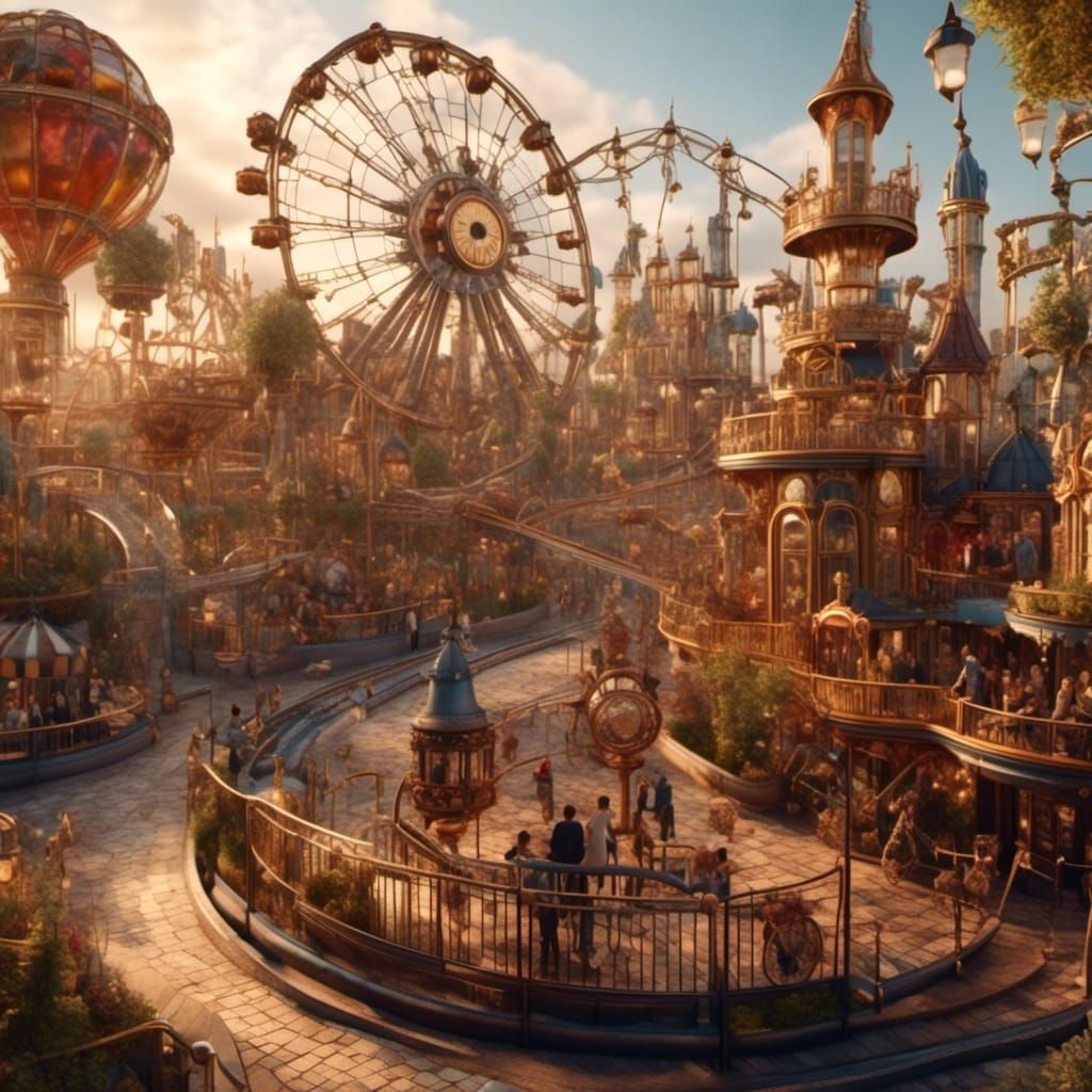 Create a magical scene featuring a miniture steampunk amusement park ...
