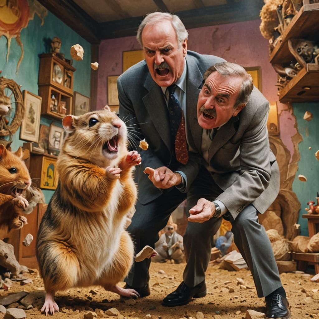 John Cleese and Andrew Sachs fighting off a giant angry hamster - AI ...