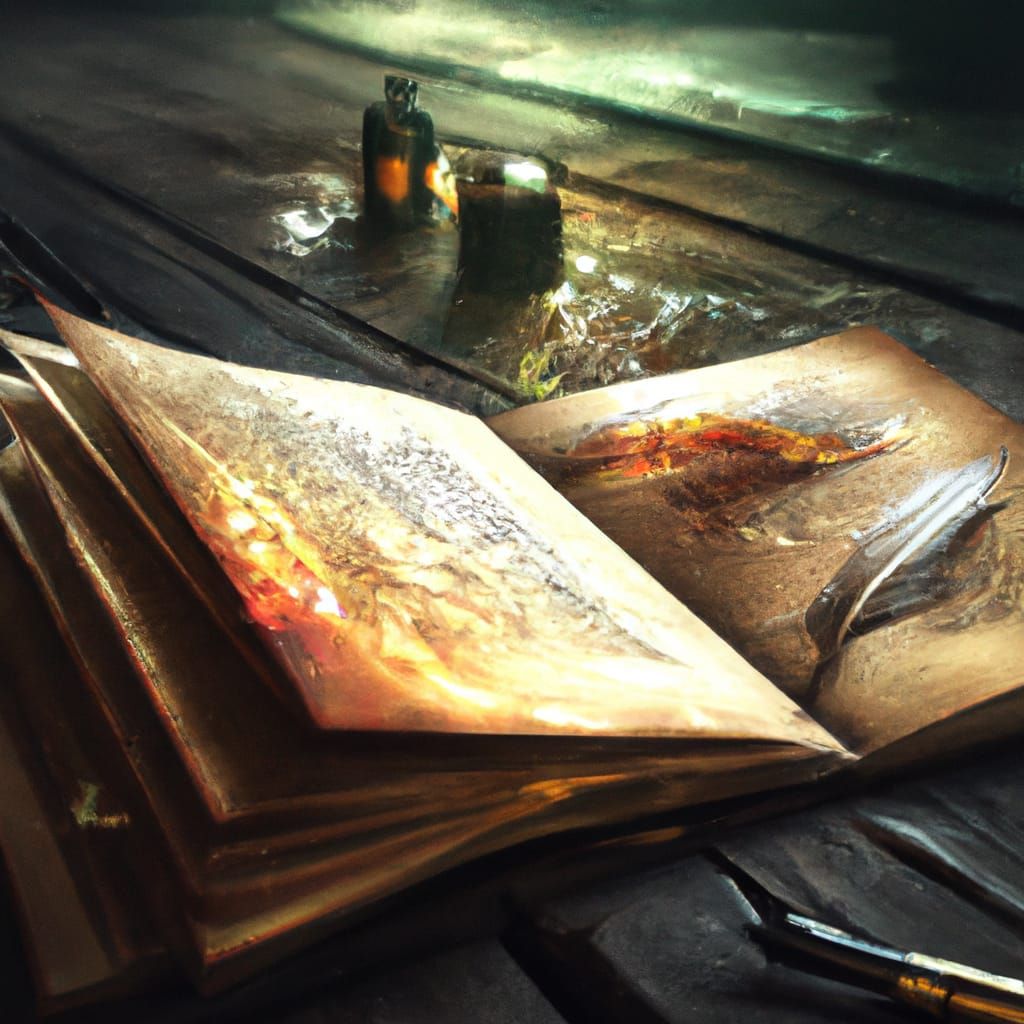 An old opened book on a wooden table, scribbles on the left page, a quill and ink pot." a ...